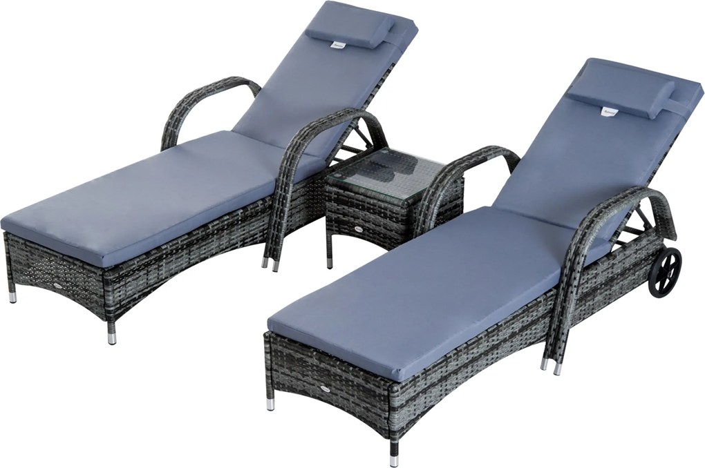 Outsunny Zahradní Lehátka s Bočním Stolkem - 3-dílná Sada Zahradního Nábytku, Polyrattan+Metal Šedý | Aosom