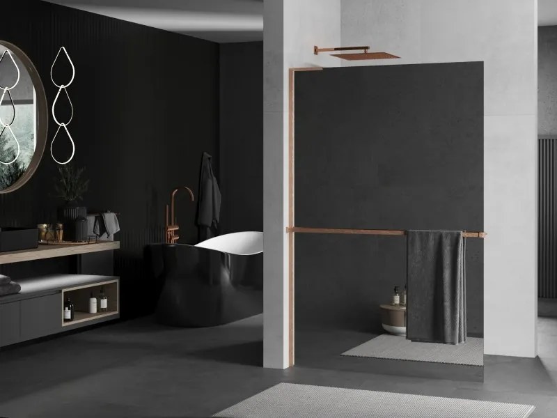 Mexen Kioto+ L, sprchová zástěna Walk-In s poličkou a věšákem 90 x 200 cm, 8mm sklo vzor zrcadlo, měděný matný profil, 800-090-123-65-50