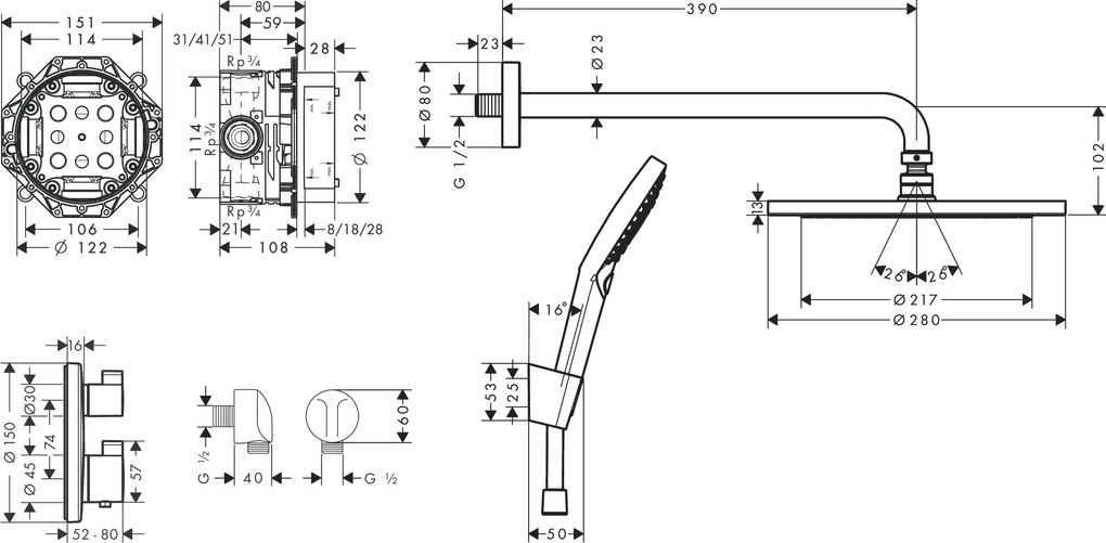 Hansgrohe Croma, sprchový systém 280 1jet s termostatem Ecostat S, matná černá, HAN-27961670