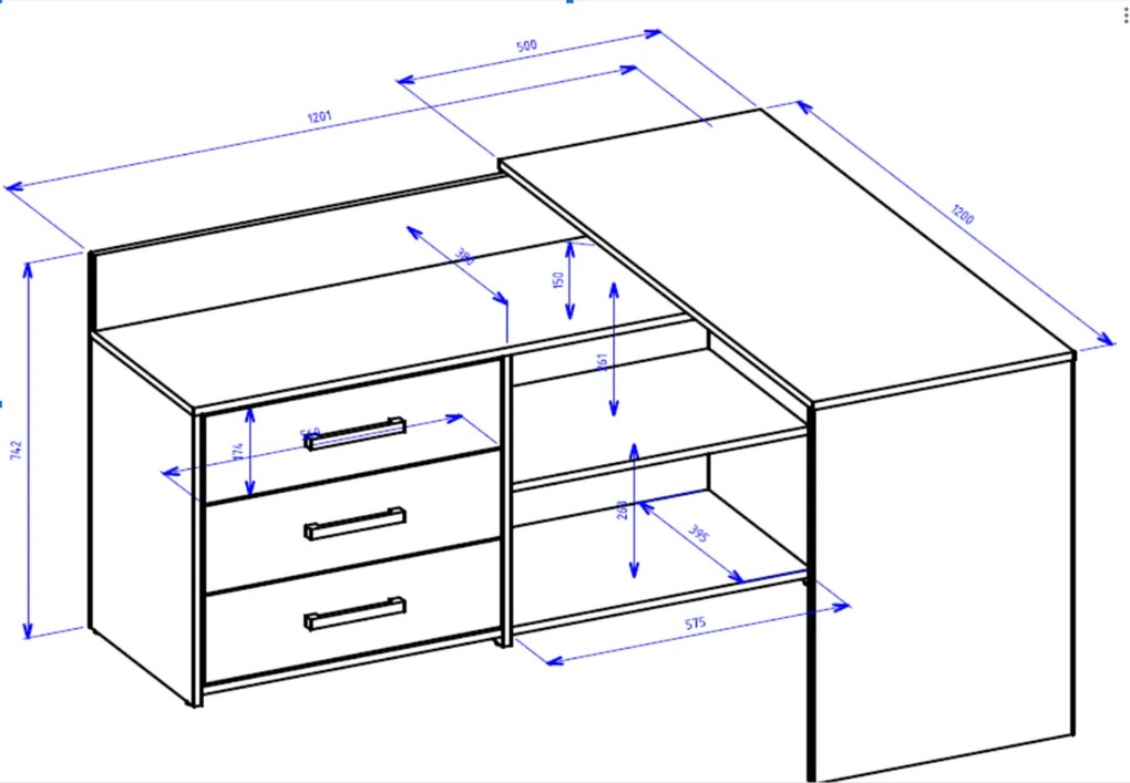 Rohový psací stůl s komodou DANY levý bílý