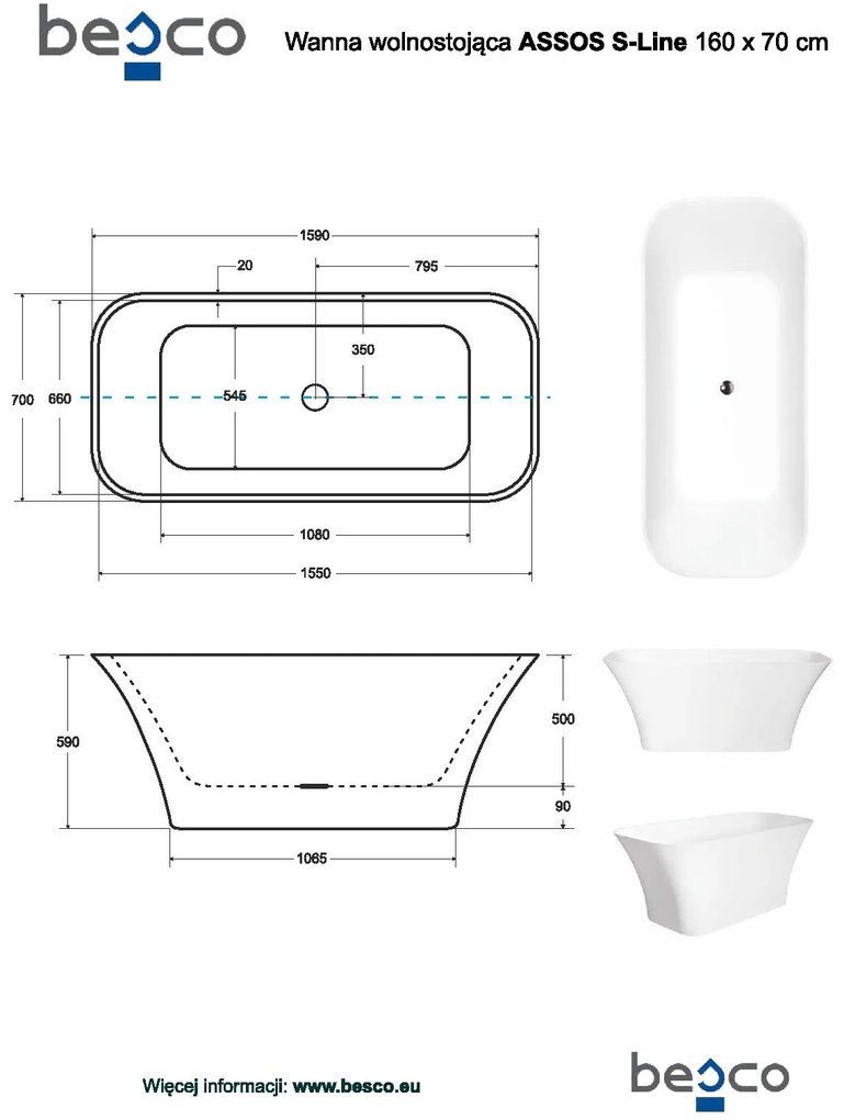 BESCO Volně stojící vana ASSOS S-LINE černá/bílá Rozměr vany - 160 × 70 cm - VANASSL16BW