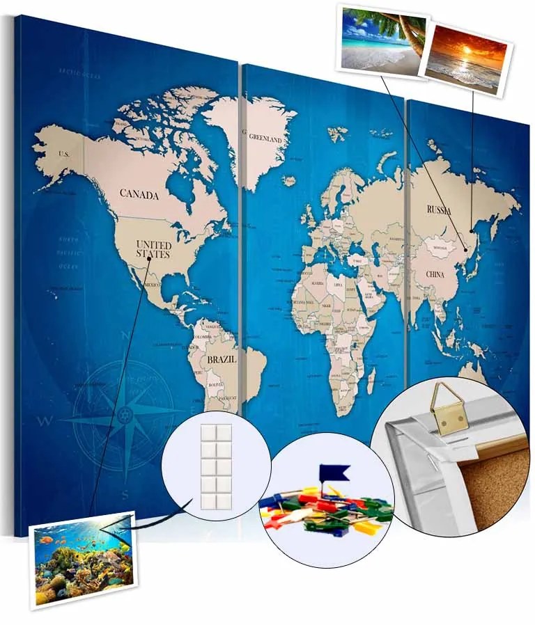 Mapa na korkové tabuli - blankytně modrá + háčky, hřebíčky, pin-vlajky, lepicí guma ZDARMA Velikost (šířka x výška): 90x60 cm