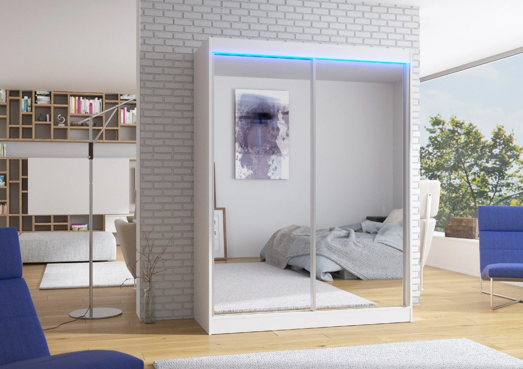 ADRK Furniture Posuvná skříň se zrcadlem a LED osvětlením FLOREST 150 SW-FLO-W-150+L-V231