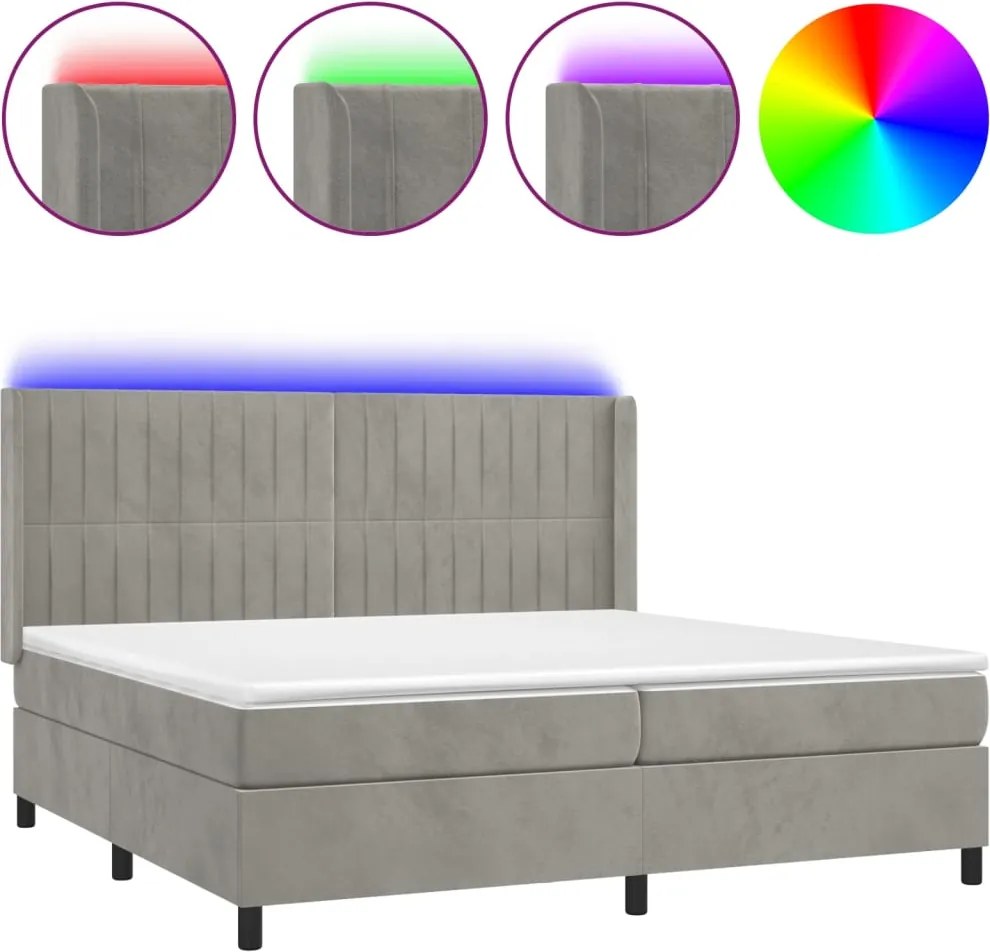 Box spring postel s matrací a LED světle šedá 200x200 cm samet 3139703