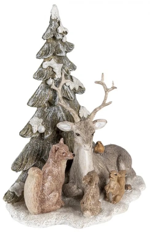 Dekorativní soška zvířátek u zasněženého stromečku – 17x10x20 cm