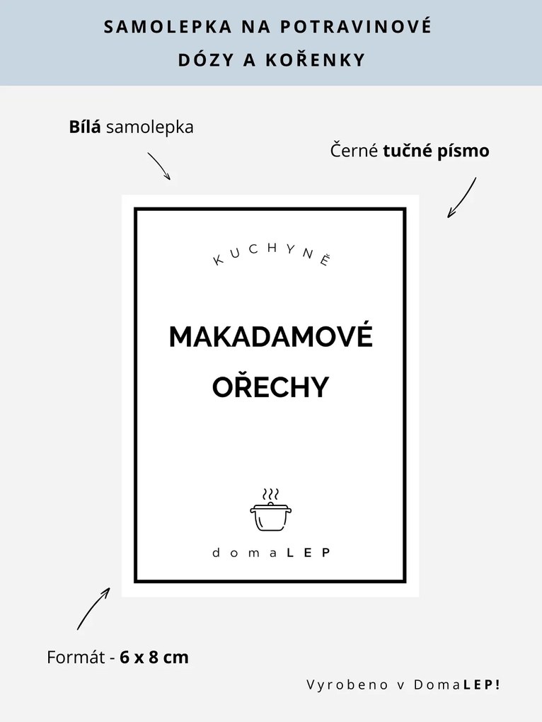 MAKADAMOVÉ OŘECHY – bílá samolepka na dózu, tučné písmo, 6 x 8 cm | DomaLEP