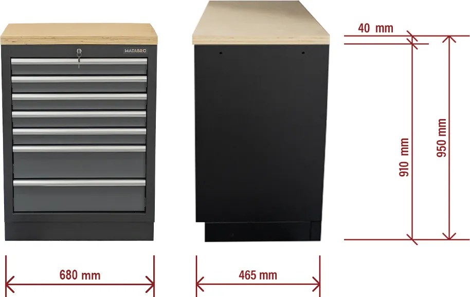 Dílenská skříňka s dřevěnou pracovní deskou | 7 šuplíků | 680x465x950 mm Matabro SET-CA01062