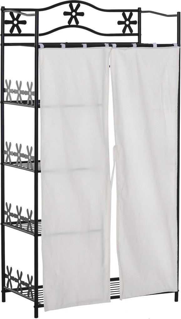 HOMCOM Šatní skříň pro dospělé s 5 policemi, oblečení a šatní tyčí, 84L x 42W x 159H cm, kovová černá s 2 bílými závěsy