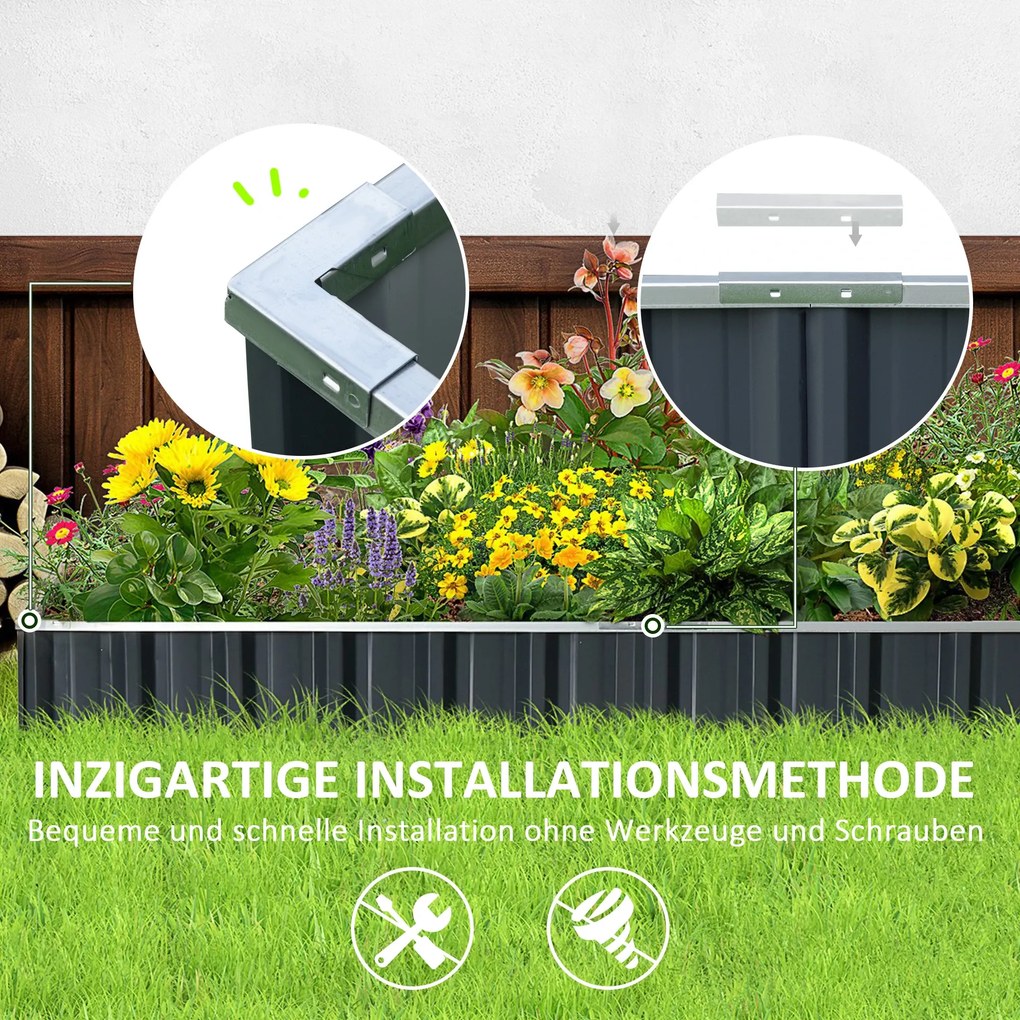 Outsunny DIY ocelový vyvýšený zahradní záhon ve tvaru T se štíty na rostliny a rukavicemi, tmavě šedý pro snadné zahradničení