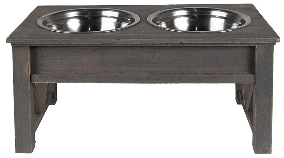 Misky pro zvířata v šedém antik dřevěném stojanu - 40*22*18 cm / 2*500 ml