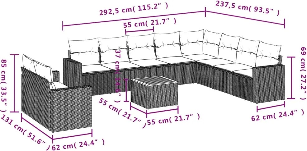 11dílná zahradní sedací souprava s poduškami černá polyratan 3224194