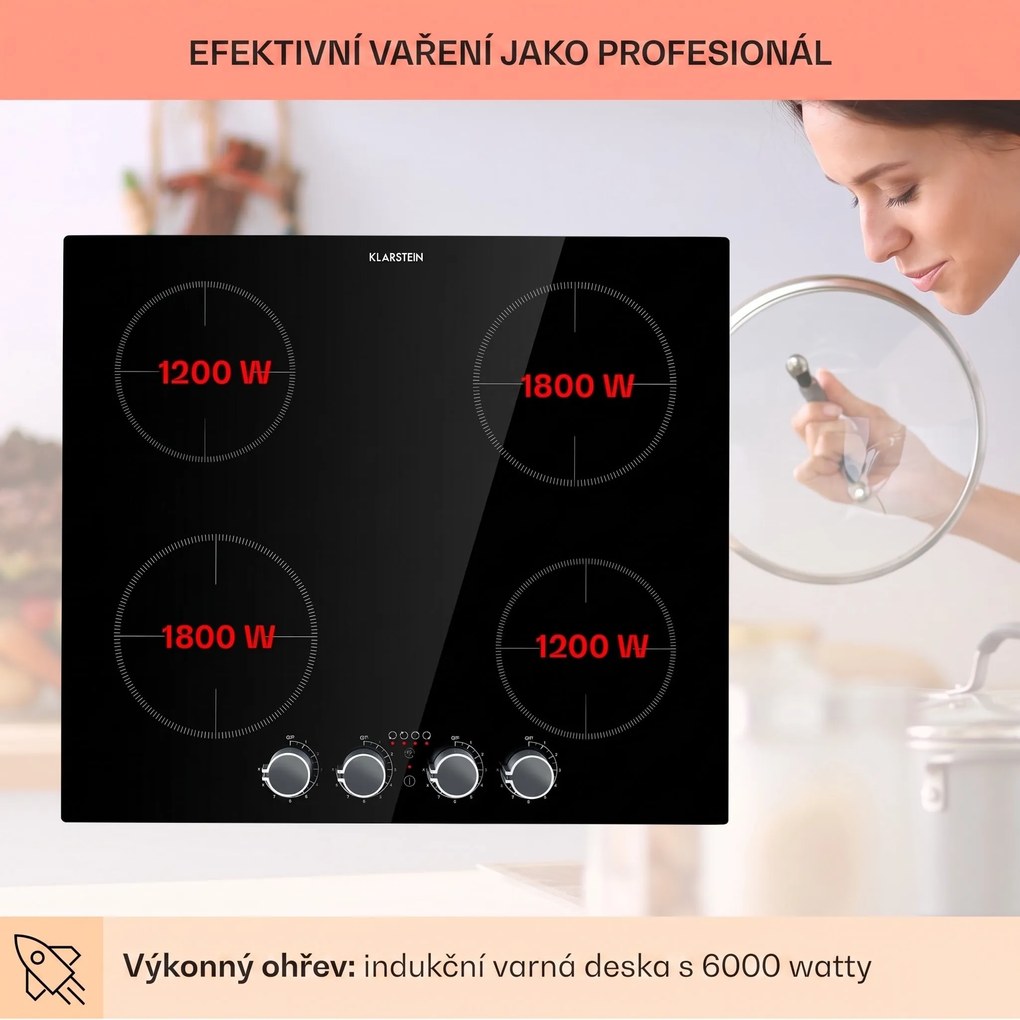 Klarstein Kochheld, indukční varná deska, 6000 W, 4 zóny, otočné regulátory, černá