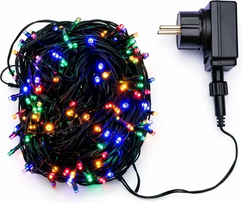 LED světelný řetěz, venkovní, 40 m, barevný, 200 diod, černý kabel, IP44, vč. zdroje