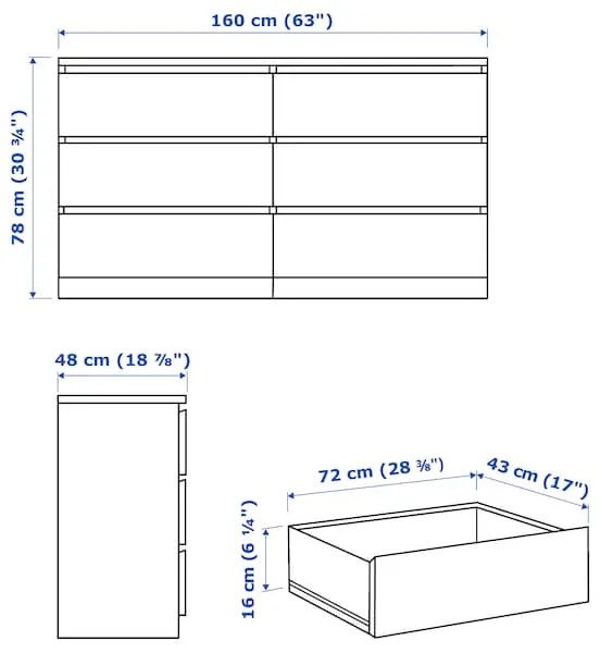 MALM Komoda se 6 zásuvkami, černohnědá, 160x78 cm