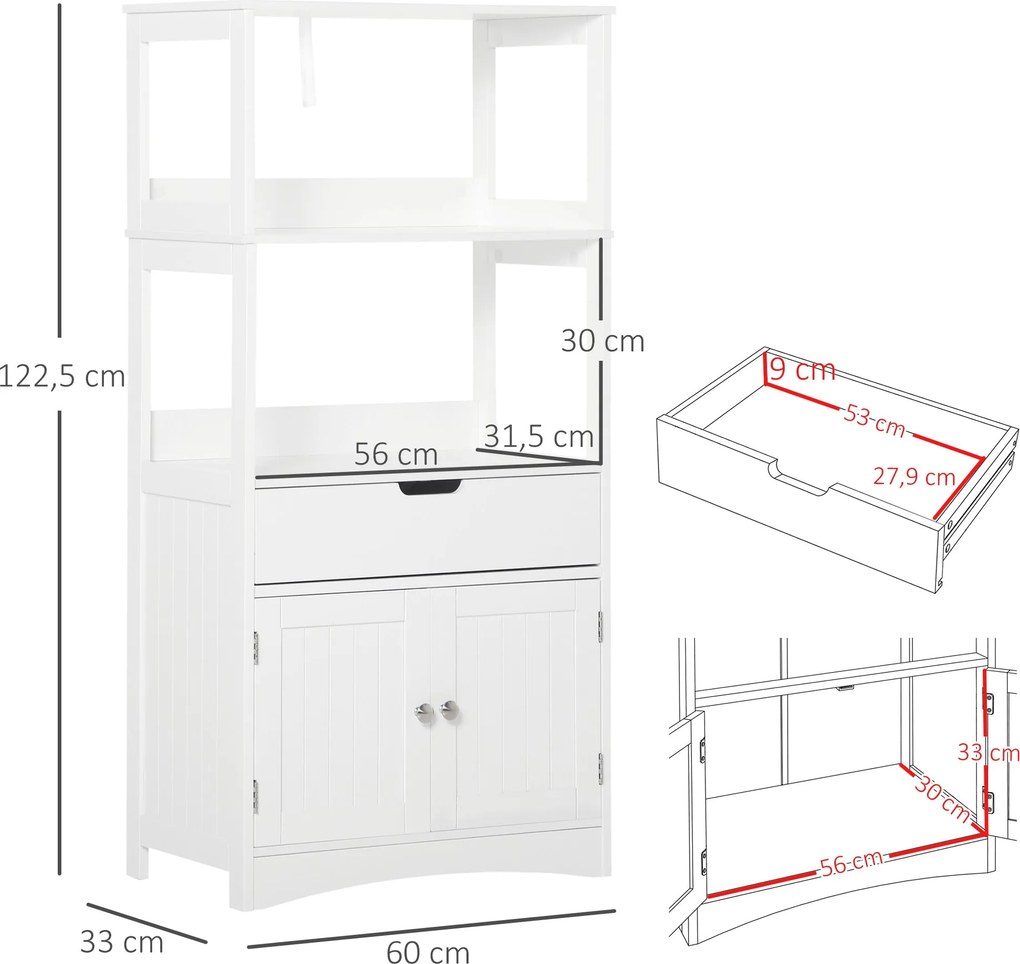 Kleankin Koupelnová skříňka se 3 policemi, šuplíkem a 2 dveřmi – Moderní skříňka na podlaze pro kuchyň, ložnici a obývací pokoj 60x33x122,5 cm Bílá