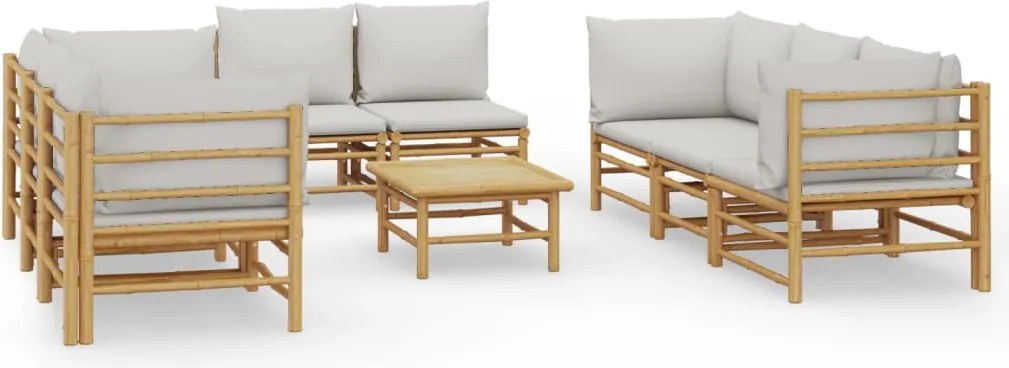 9dílná zahradní sedací souprava světle šedé podušky bambus 3155091