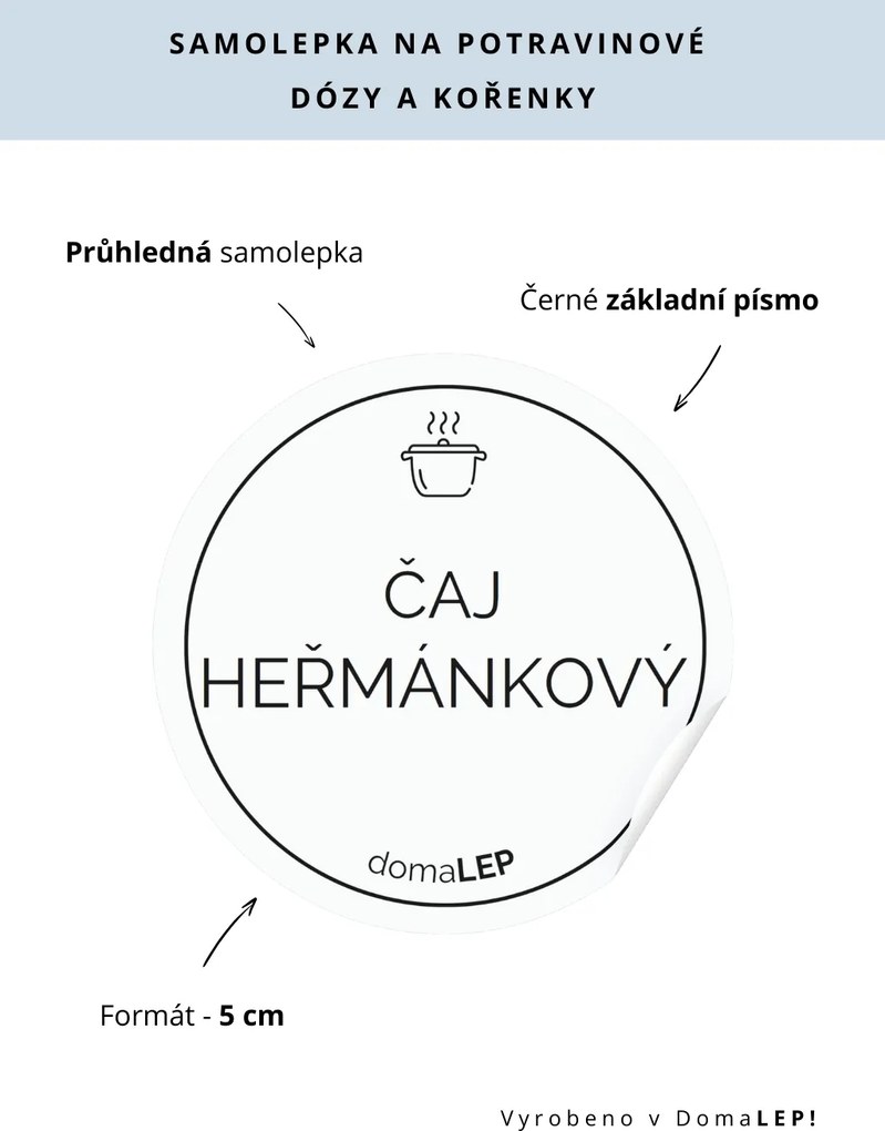 ČAJ HEŘMÁNKOVÝ – průhledná samolepka na dózu, základní písmo, 5 cm | DomaLEP