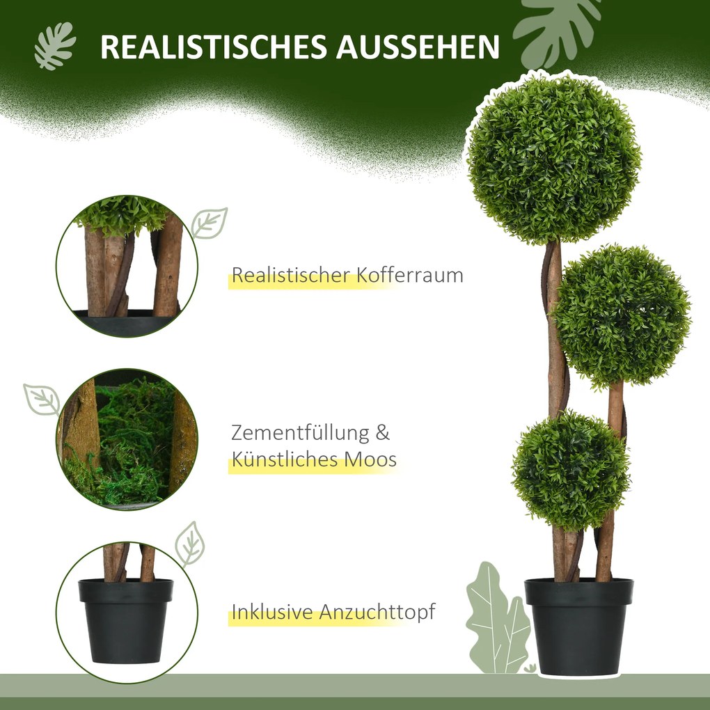 Umělý strom HOMCOM, Umělá rostlina, Zelený buxus se 3 koulí z bambusových listů, Včetně květináče, Pro vnitřní i venkovní použití, Výška 110 cm, Bez …