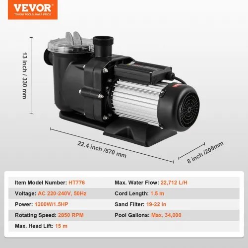 Čerpadlo pro nadzemní bazén jednorychlostní 1,12 kW 378,5 l/min 2850 ot./min UL
