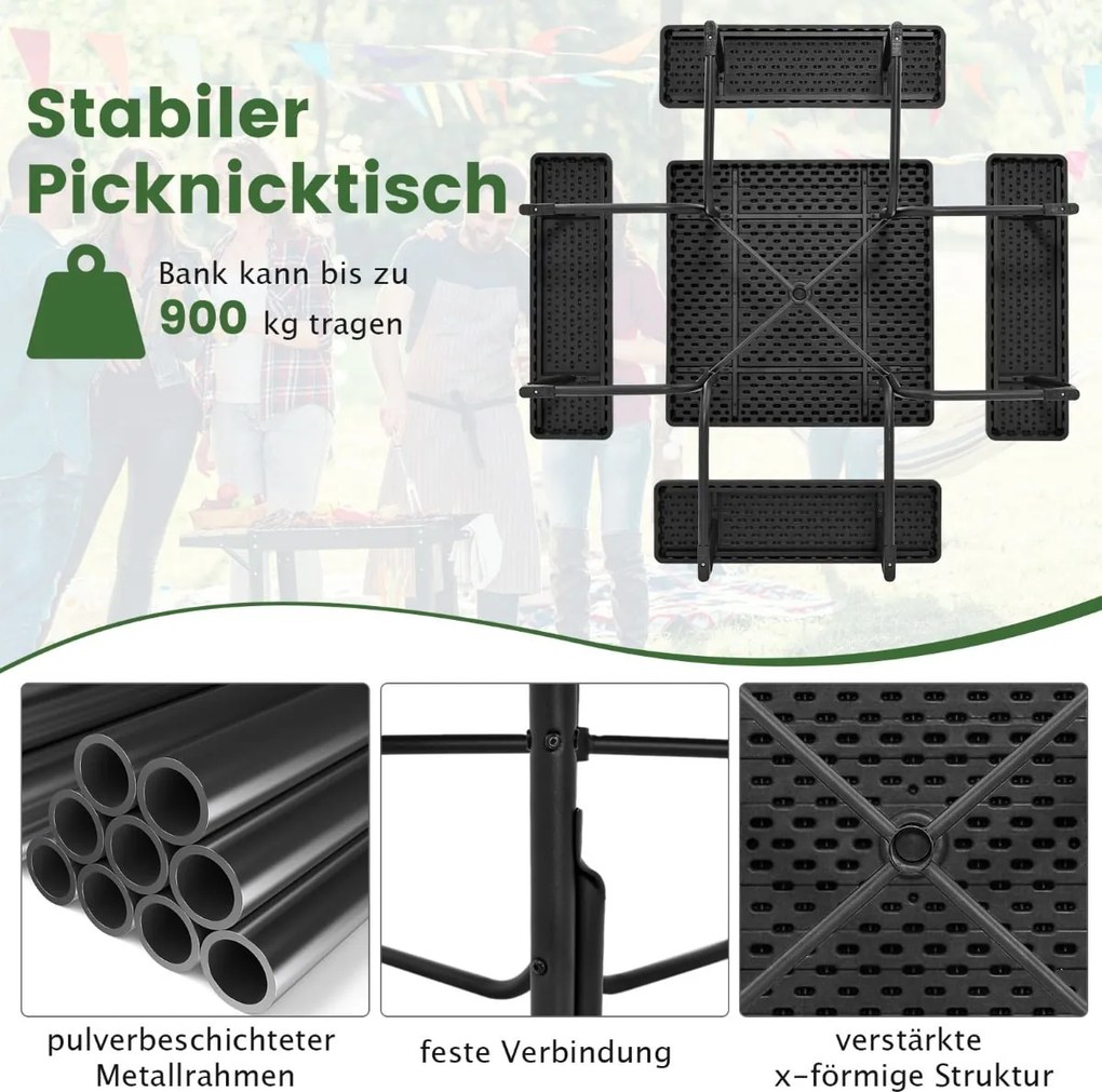 Costway Kulatý piknikový stůl s 4 lavicemi a otvorem na deštník pro 8 – černý