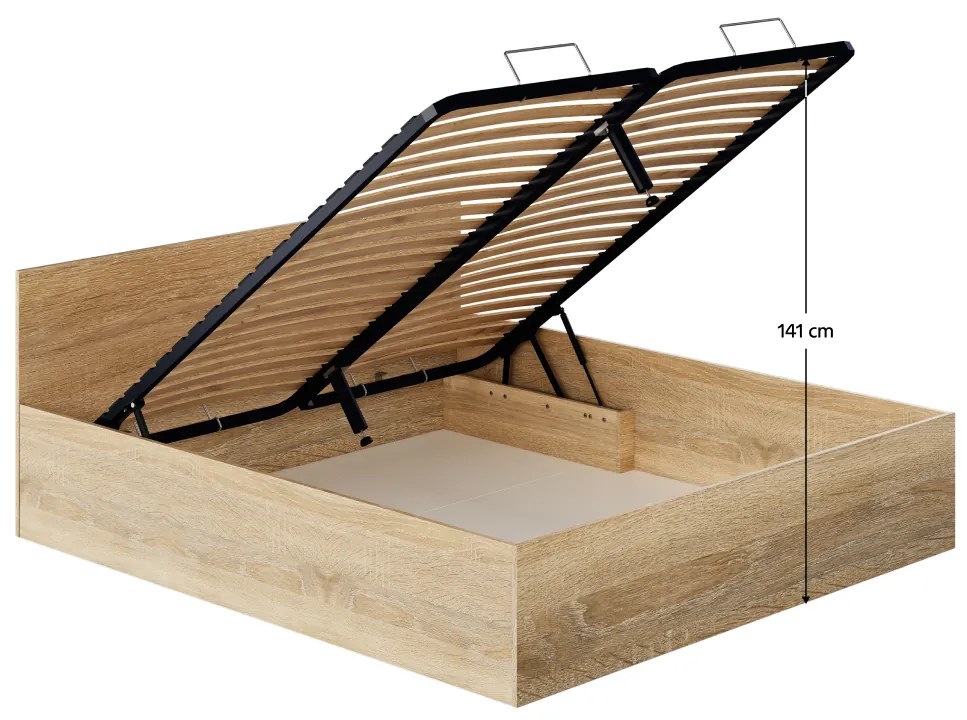 Kondela Postel s kovovým roštem a úložným prostorem, 180x200, dub sonoma, DOLI