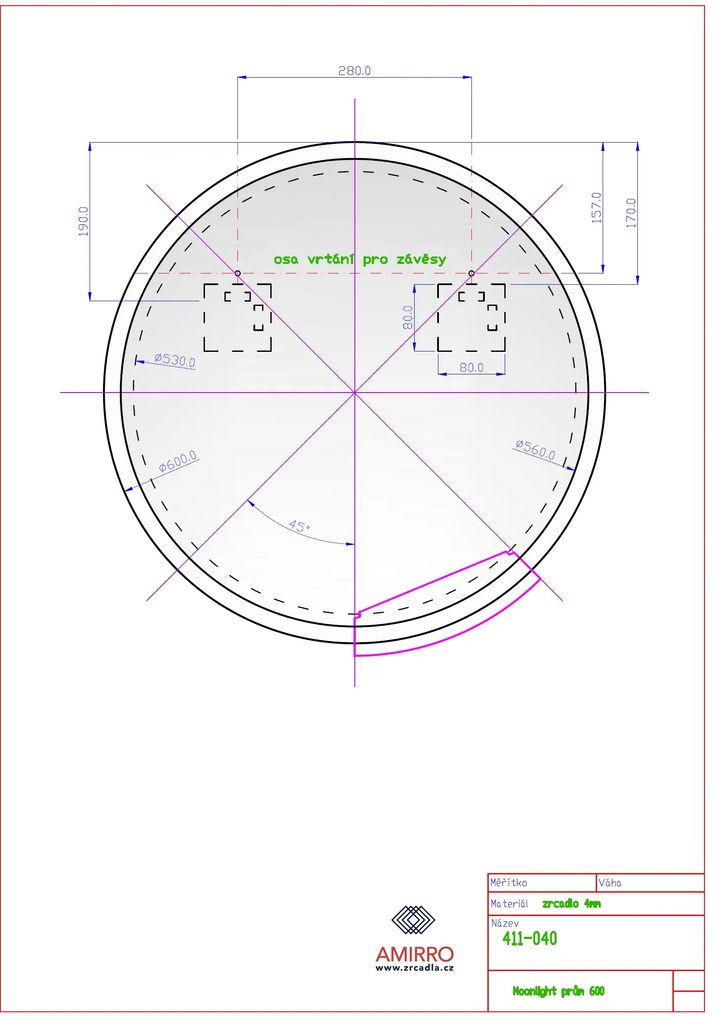AMIRRO Zrcadlo na zeď chodbu do pokoje ložnice koupelny předsíně kulaté MOONLIGHT kruh průměr 60 cm s LED podsvíceným okrajem po celém obvodu 411-040