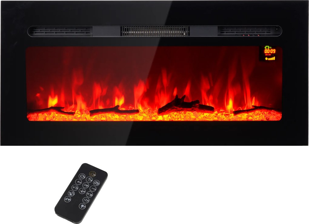 HOMCOM Elektrický krb s LED efektem plamene,1800 W nástěnný krb ve 3 barvách s 5 úrovněmi jasu, elektrický krb s dálkovým ovládáním, dotykový displej…