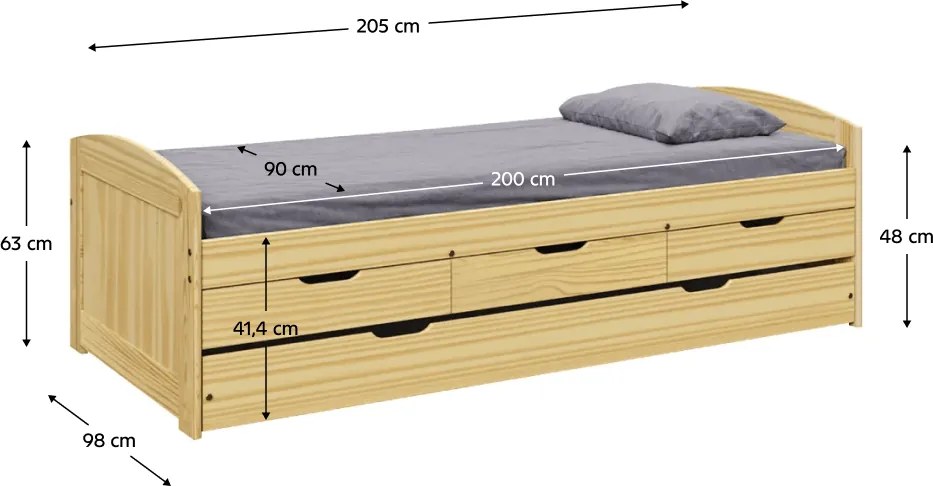 Postel s výsuvnou přistýlkou, přírodní, masiv, 90x200, MARINELLA NEW