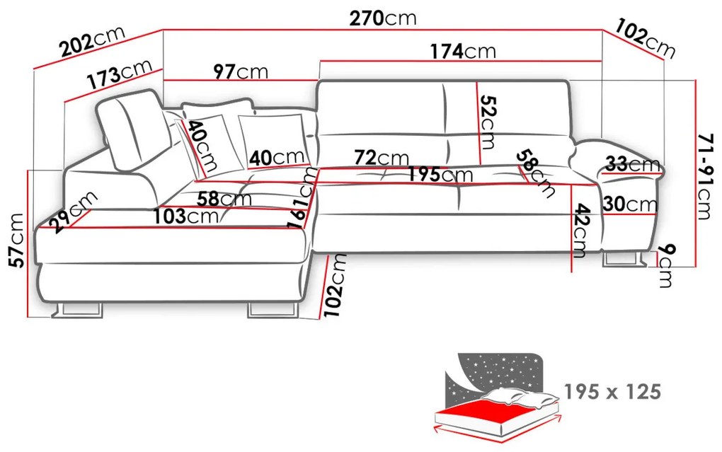 Expedo Rohová sedací souprava LOTERE, 270x91x202, Soft T 029, pravá