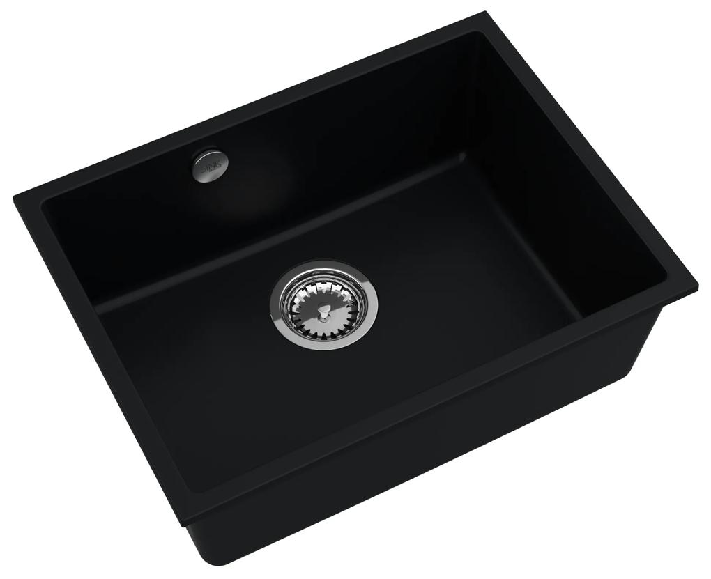 Sink Quality Crypton 60, kuchyňský granitový dřez 535x400x205 mm + chromový sifon, černá, SKQ-CRY.C.1KBO.60.X