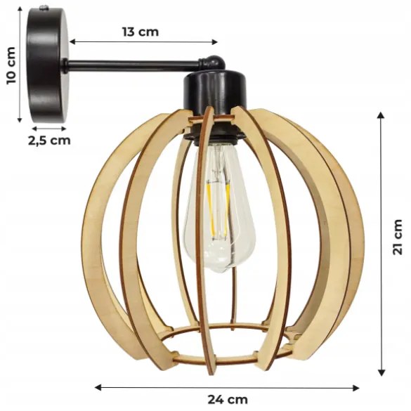 BERGE Nástěnná lampa - kinkiet - E27 - dřevěná koule - černá