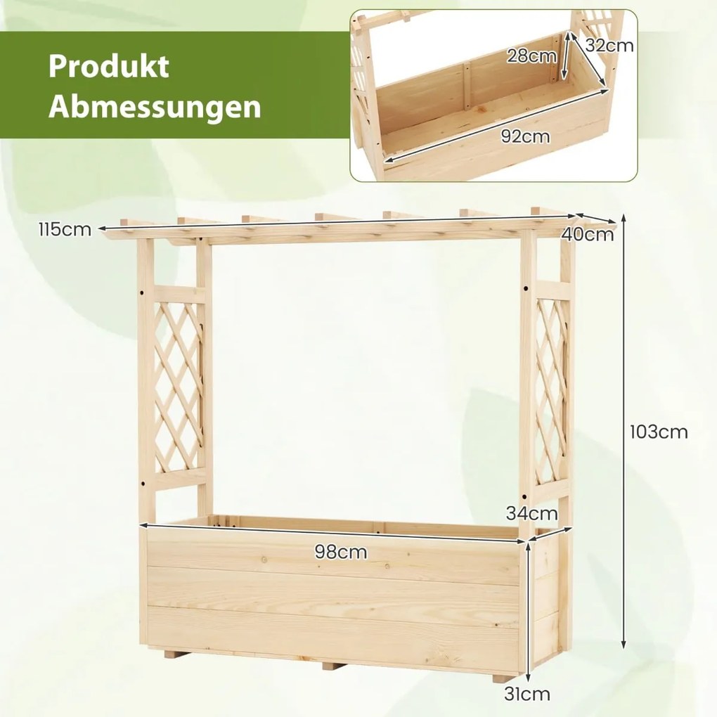 Costway Vyvýšený záhon s mříží a závěsnou střechou Truhlík – 115 × 40 × 103 cm
