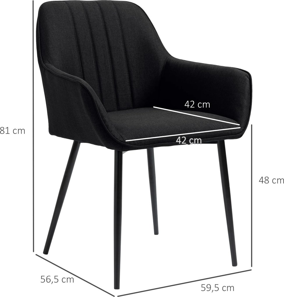 Jídelní židle HOMCOM v severském designu - Sada 2 židlí - Černé zkosené kovové nohy - Ergonomické lněné černé sedáky, opěradla a područky