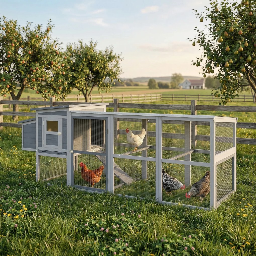 PawHut dřevěný kurník s výběhem pro 3–4 nosnice, 264 x 82 x 89 cm — asfaltová střecha, potah z Oxford tkaniny, hnízdní box, bidýlka, výsuvný podnos —…