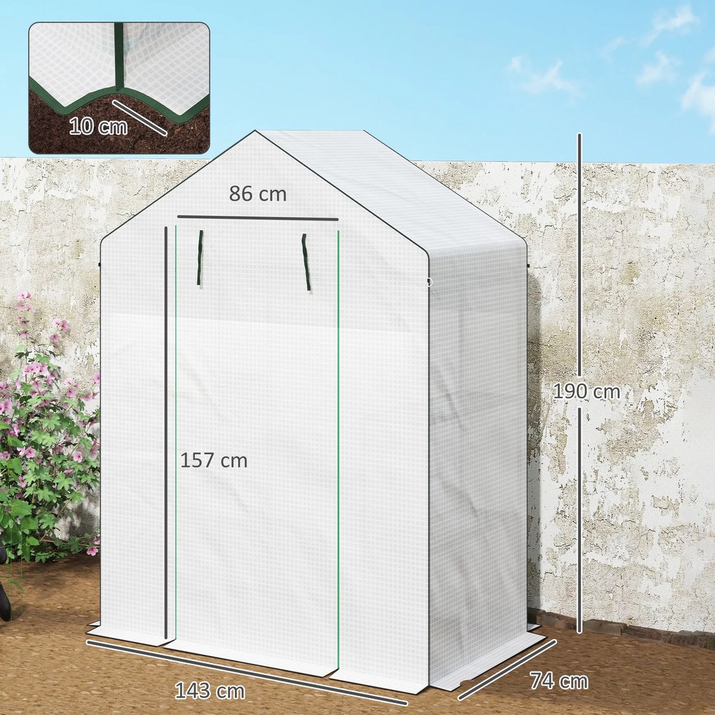 Outsunny Skleník s policemi, miniskleník, odolný proti UV záření, síťované okno, dveře na zip, 143L x 74W x 190H cm, bílý