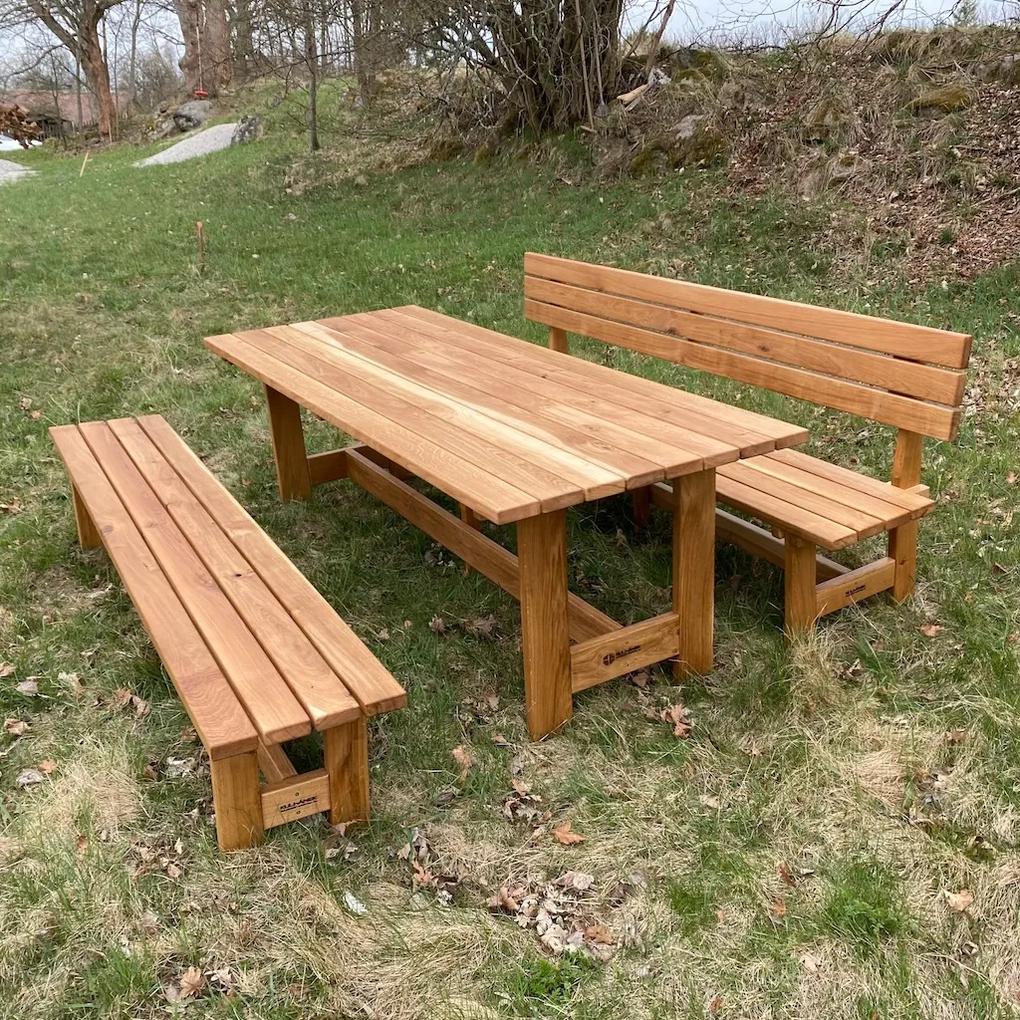 KULHÁNEK Zahradní dubová sestava - stůl, 1x lavice s opěradlem, 1x lavice bez opěradla (klasické provedení) Délka: 150 cm, Odstín nátěru: olej - bezbarvý