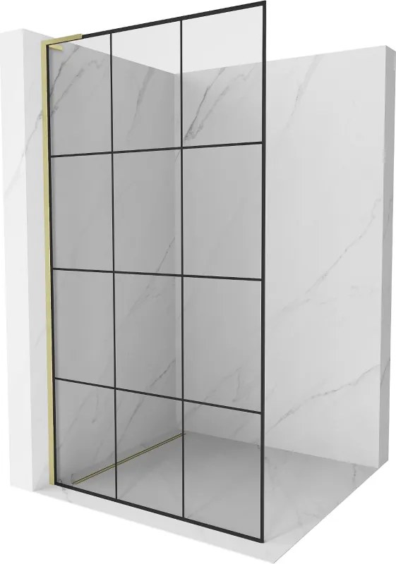 Mexen Kioto L, sprchová zástěna Walk-In 110 x 200 cm, 8mm čiré sklo černý vzor, ​​zlatý matný profil, 800-110-103-55-77