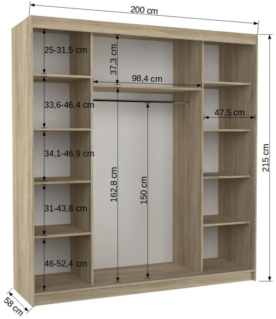 Šatní skříň s posuvnými dveřmi Megan - 200 cm Barva: Bílá/dub Sonoma