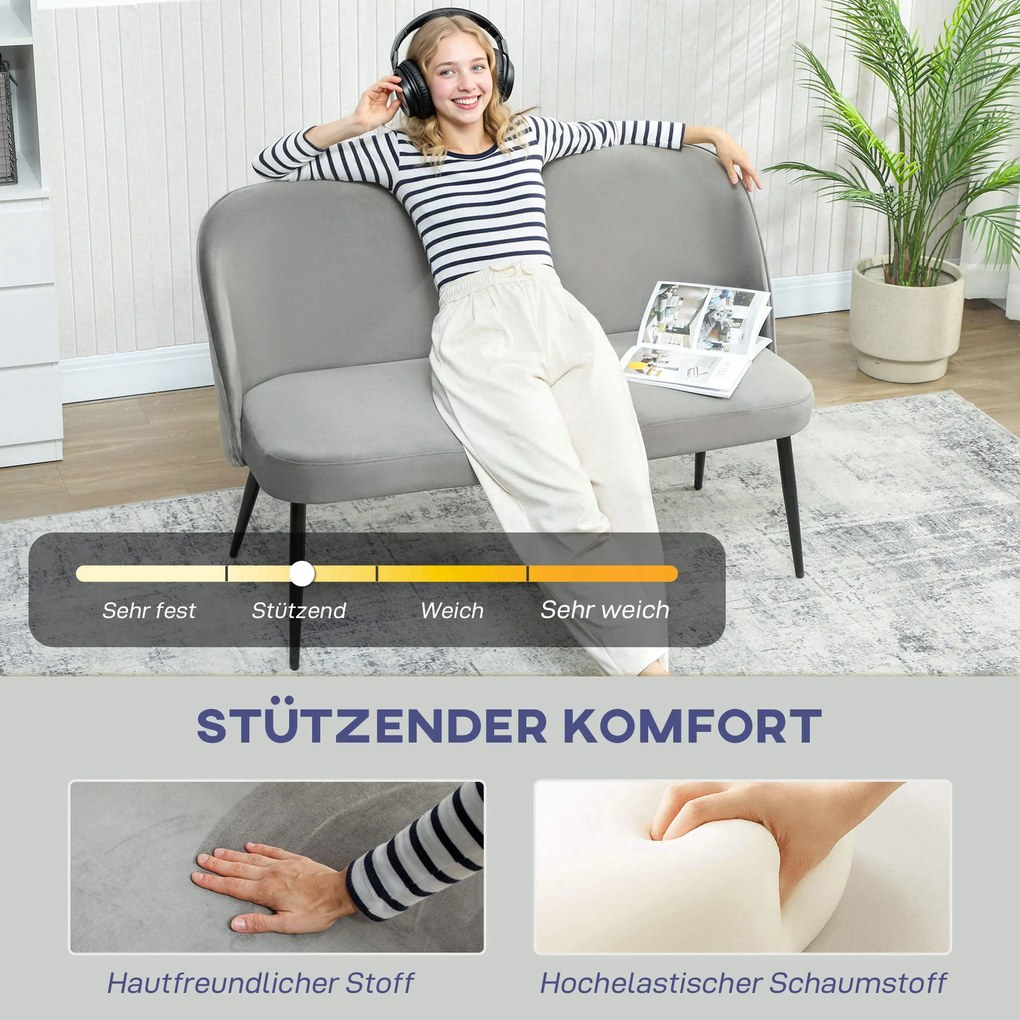 HOMCOM Dvousedadlová pohovka, moderní čalouněná pohovka s kovovým a dřevěným rámem, sametově texturované čalounění, šedá
