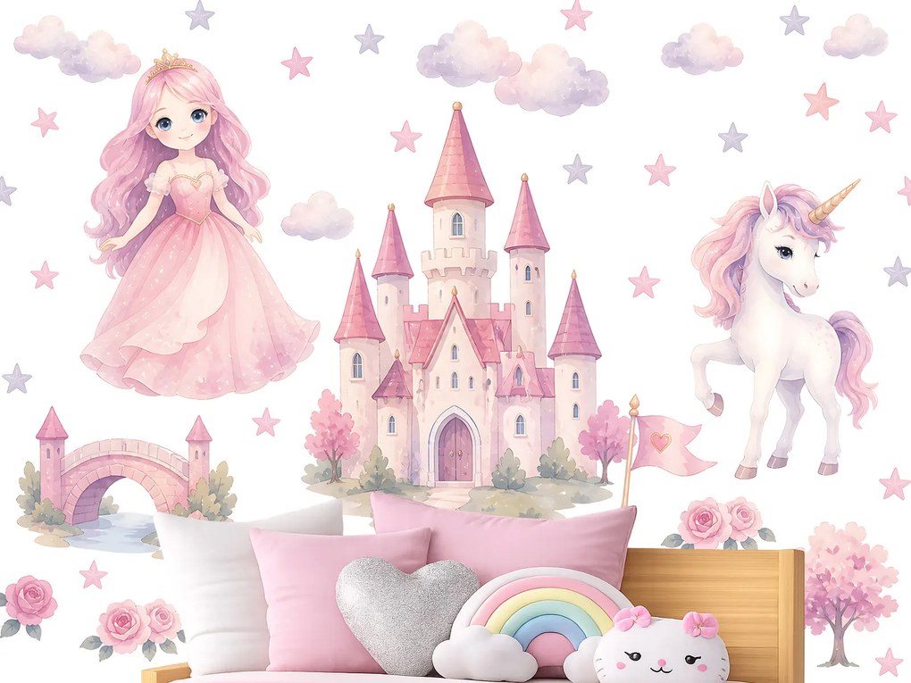 Princezna a růžové království samolepky na zeď pro holky arch 75 x 54 cm