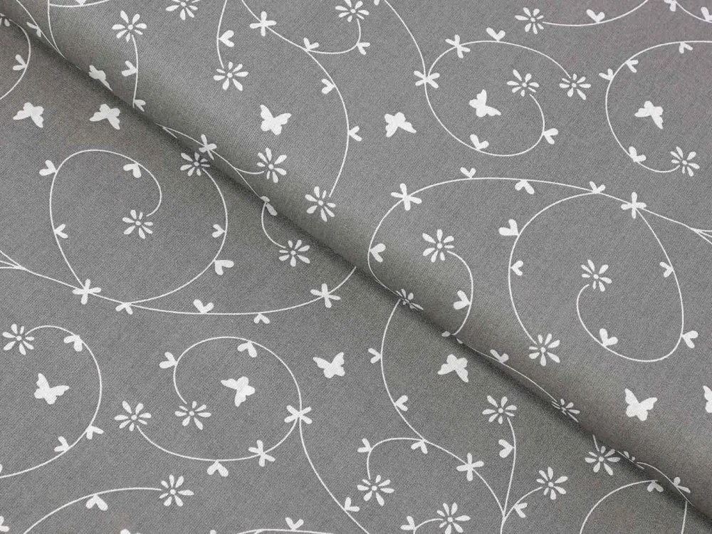 Biante Bavlněný povlak na polštář s lemem Sandra SA-050 Drobné bílé květiny a motýlci na šedém 30 x 50 cm