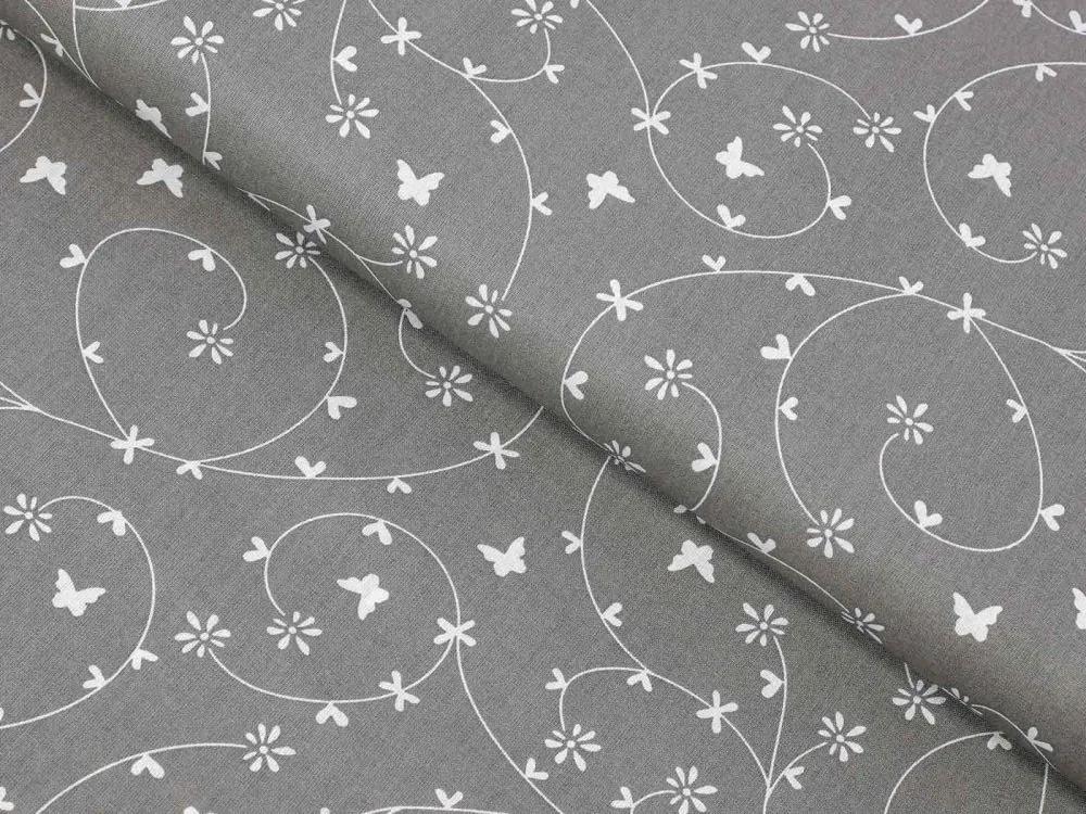 Biante Bavlněný povlak na polštář s lemem Sandra SA-050 Drobné bílé květiny a motýlci na šedém 60 x 60 cm