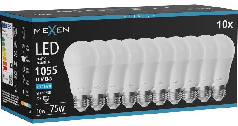 Mexen Nova 10x LED žárovka E27, A60, 10W, Studená - 6500K, 1055 lm - L100-E27-1065-01x10