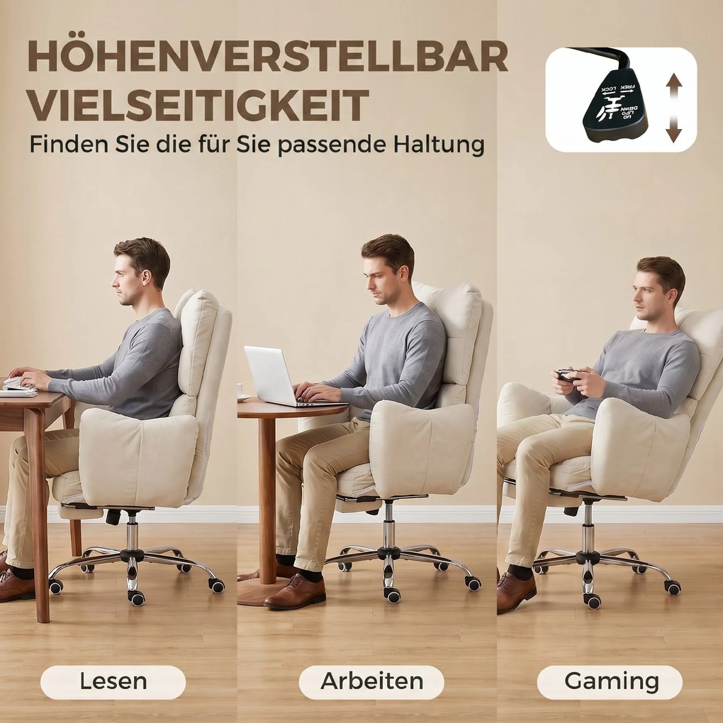 HOMCOM ergonomické kancelářské křeslo s podnožkou — krémově bílý flanel, silné čalounění, vysoké opěradlo, výškově nastavitelné
