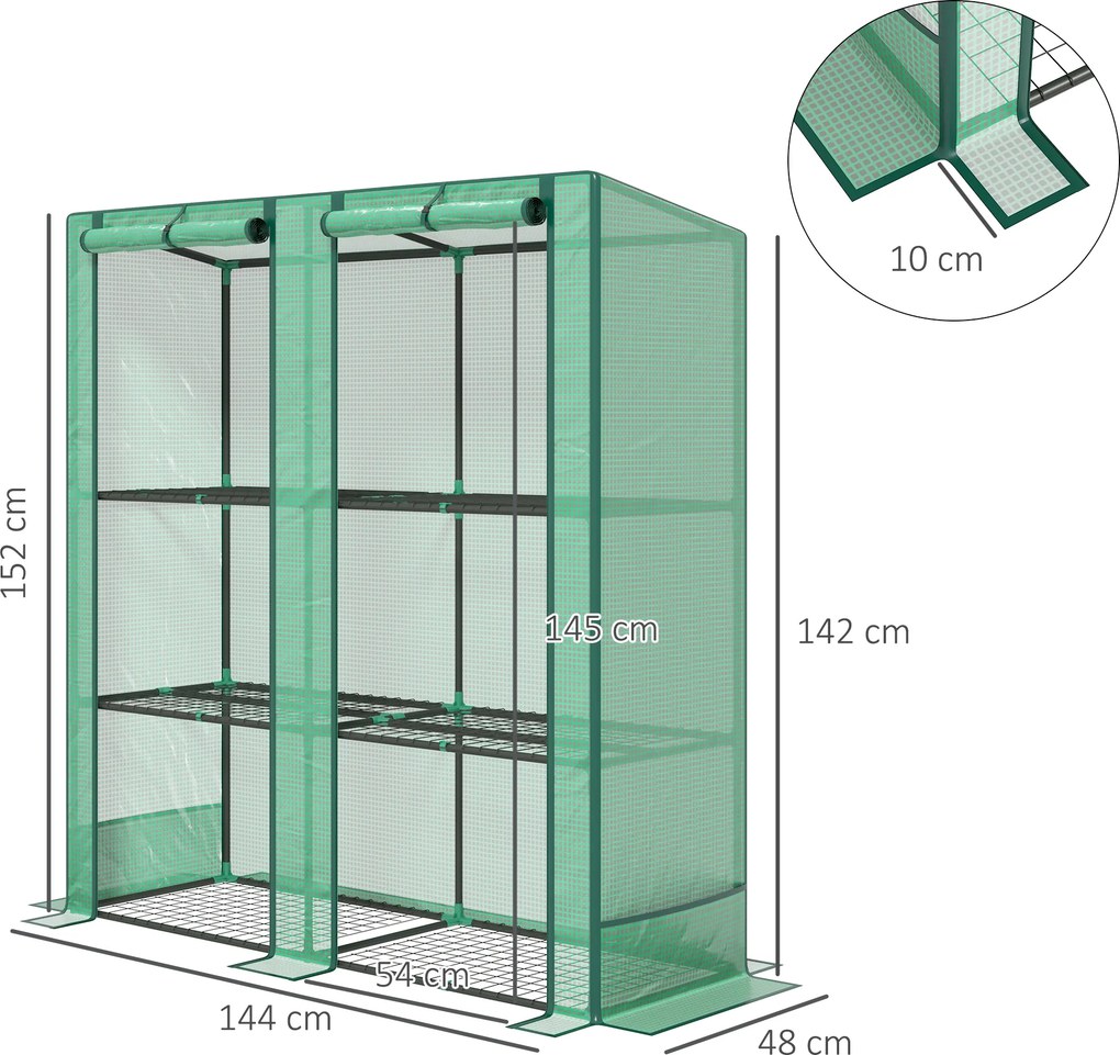 Outsunny Mini skleník s 3patrovou policí, plastové krytí, odolný proti UV, přenosný, rolovací dveře, 144 x 48 x 152 cm, zelená