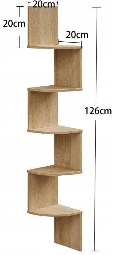 Nástěnná rohová police ESTANTE, 5 polic v dekoru dub sonoma, 126x20cm