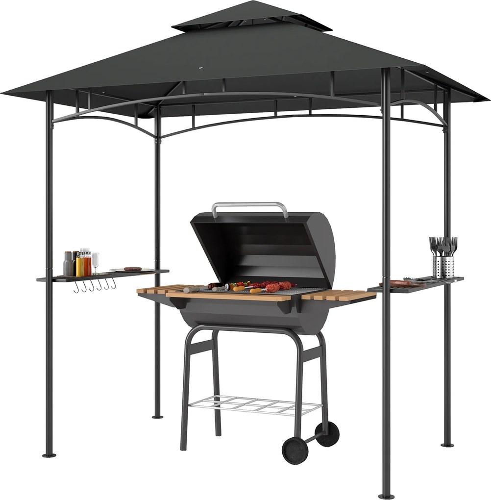 Outsunny BBQ pavilon s LED 240 x 150 x 258 cm, voděodolný a ohnivzdorný zahradní pavilon s dvouvrstvou střechou, bočními policemi, zahradní pergola s…