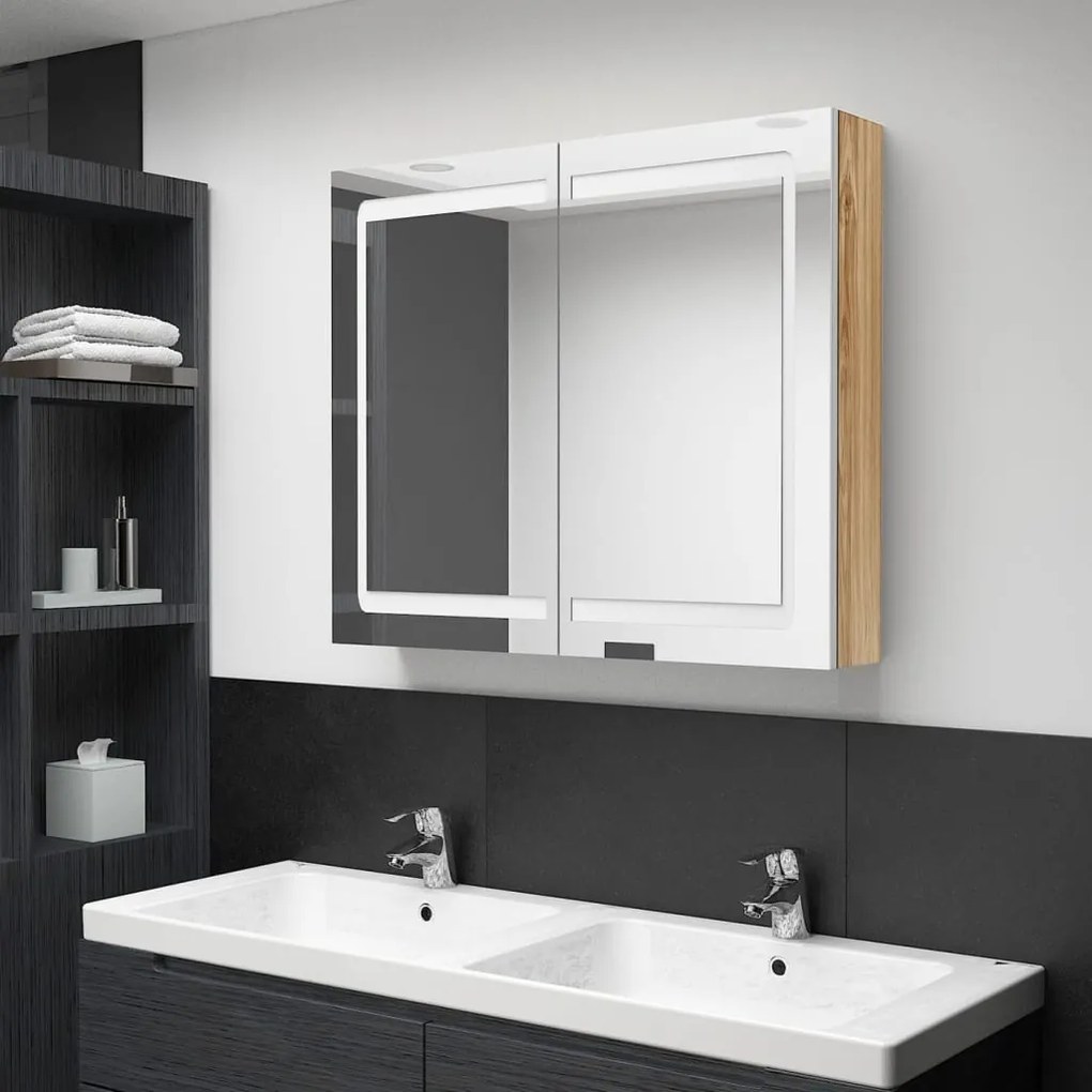 LED koupelnová skříňka se zrcadlem bílá a dub 80 x 12 x 68 cm 326516