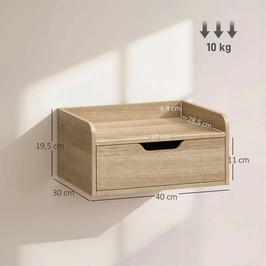 HOMCOM set 2 nástěnných nočních stolků, závěsné noční stolky s 1 zásuvkou do ložnice, 40x30x19,5 cm, přírodní