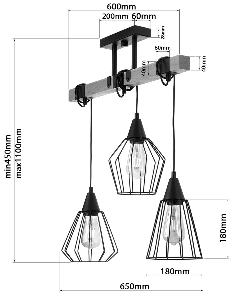 Light for home - Závěsné svítidlo na lankách 20944 "CAMEROON", 3x60W, E27, černá, přírodní olše